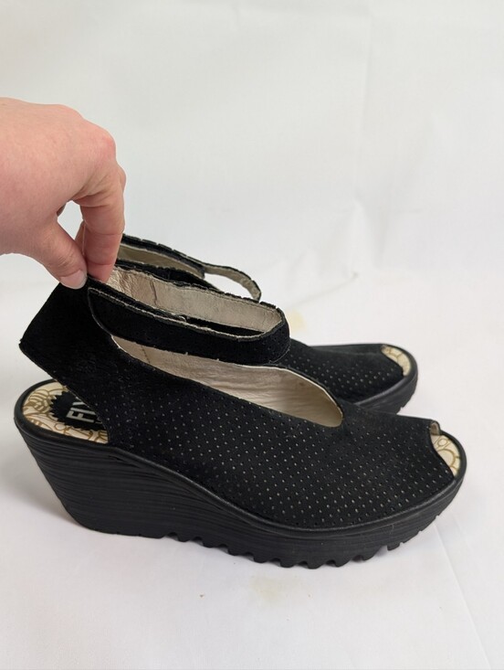 Fly London | Shoes | Fly London Yala Black Suede Peep Toe Wedges | Poshmark
